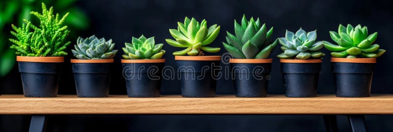 Seven Small Succulent Plants in Black Pots Lined Up, Side View with ...