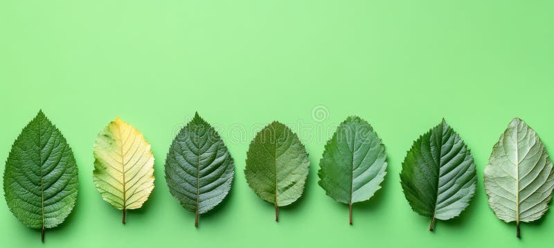 Seven Smooth Ovate Green, Yellow-Green Leaves , Overhead Perspective on ...