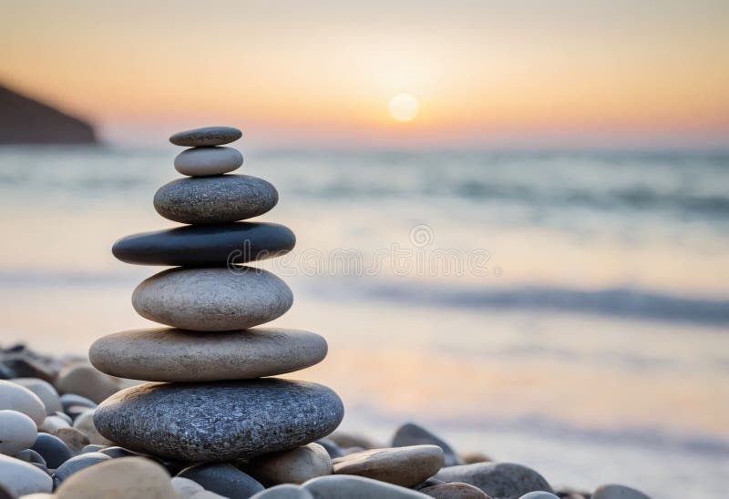 Stack of Pebble Stones, Sandy Ocean Beach, Sunset Sky. Rock Balancing ...