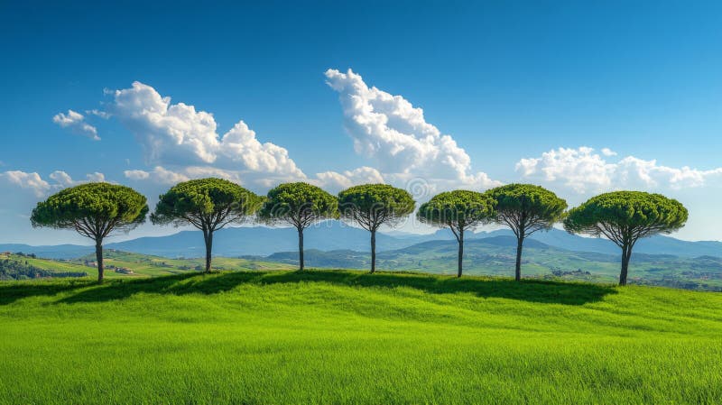 Seven Trees on a Hilltop Under a Blue Sky Stock Illustration ...