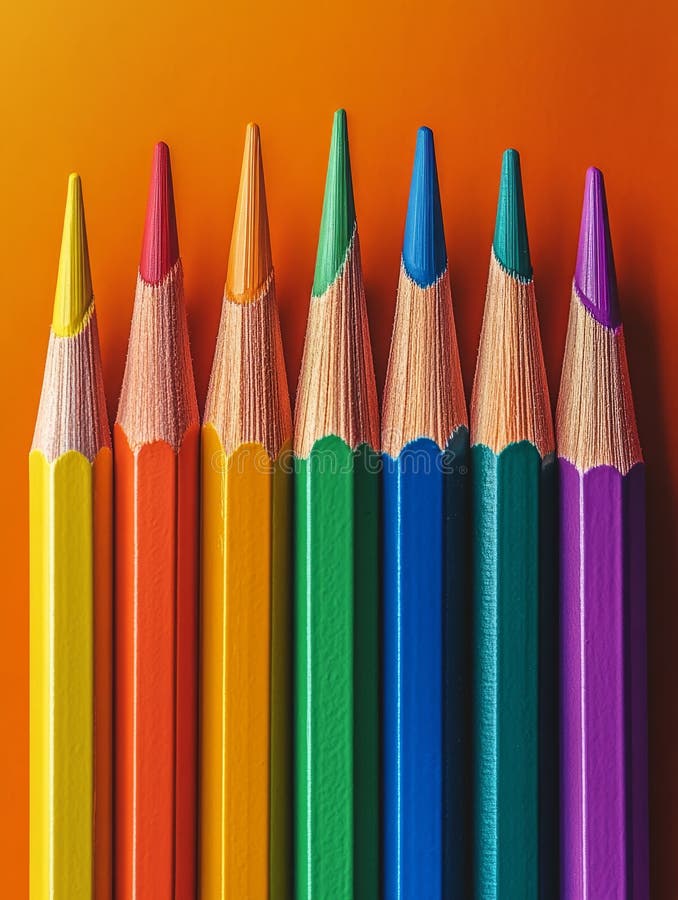 Seven Vibrant Colored Pencils Arranged in a Neat Order. Stock Image ...