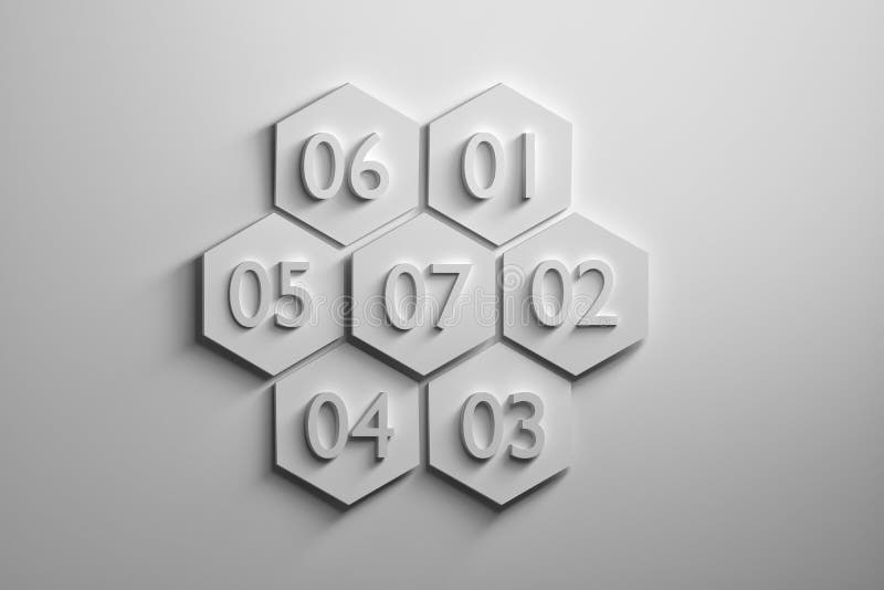 Seven White Hexagonal Shapes and Numbers Located Over White Plain ...
