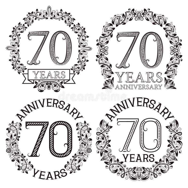 Seventieth Anniversary Emblems Set. Patterned Celebration Signs in ...