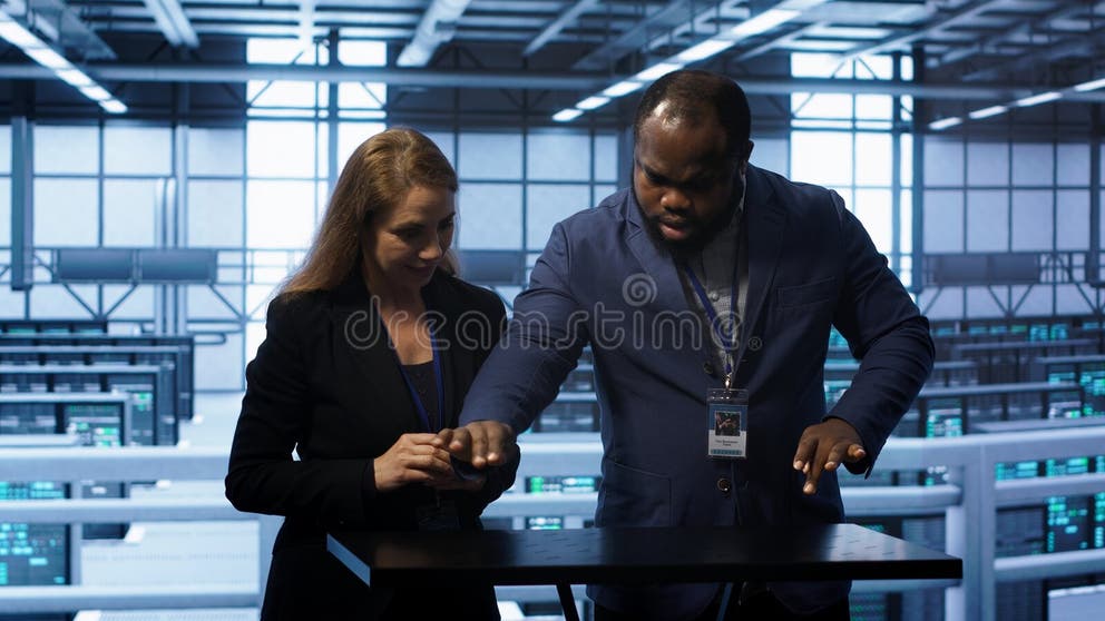 Sever Farm Workplace Employees Interacting with Augmented Reality Tech ...