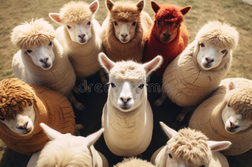 Several Alpacas Looking Up Staying in a Circle at the Backyard Stock ...