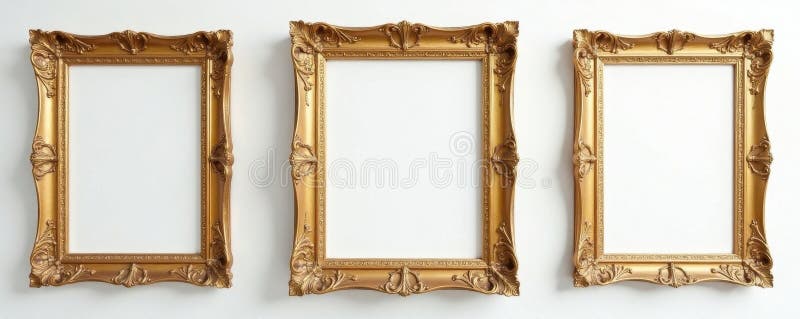 Several Antique Gold Frames in Artistic Gallery Arrangement on Plain ...