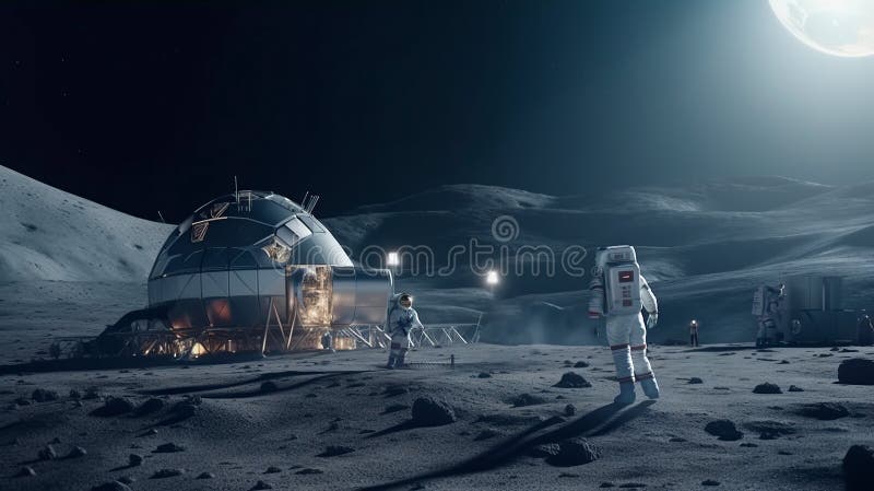 Several Astronauts Working at the Exterior of Moon Space Station ...