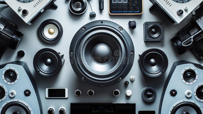 Several Audio System Devices Such As Speakers and Tone Control Stock ...