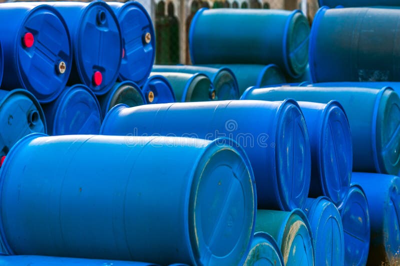 Oil Barrels or Chemical Drums Stacked Up Stock Photo - Image of ...