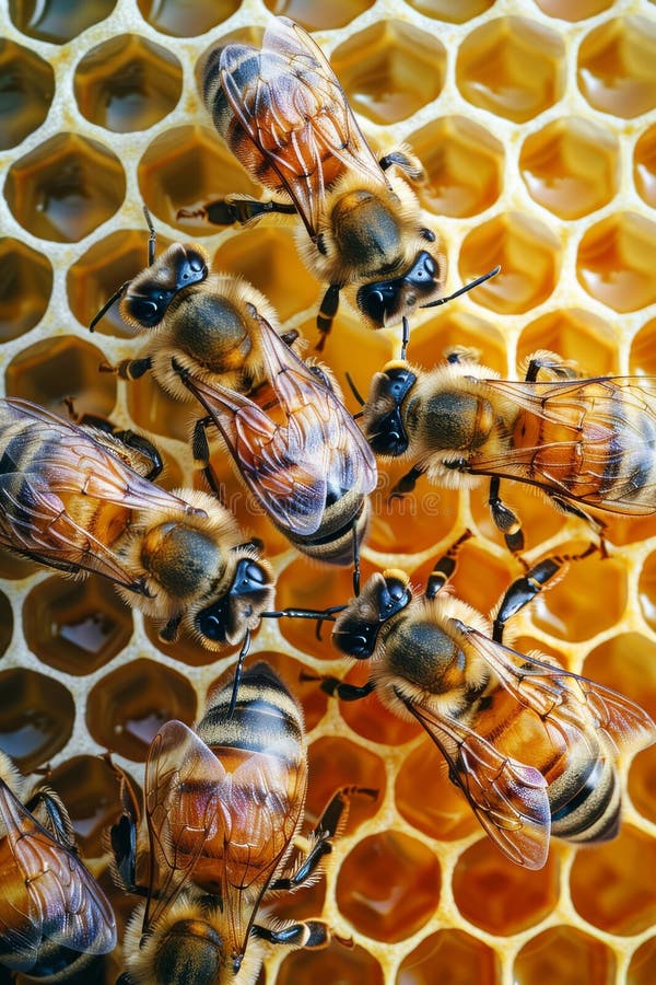 Several Bees are Clustered on a Honeycomb, with a White Background ... Several Bees are Clustered on a Honeycomb, with a White Background ...
