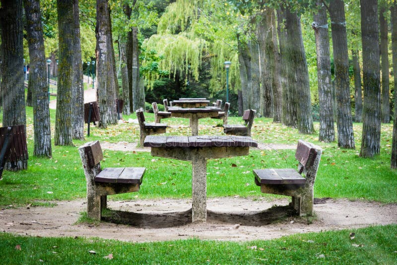Benches and Tables of Stone Alienated among the Forest Trees Stock ...