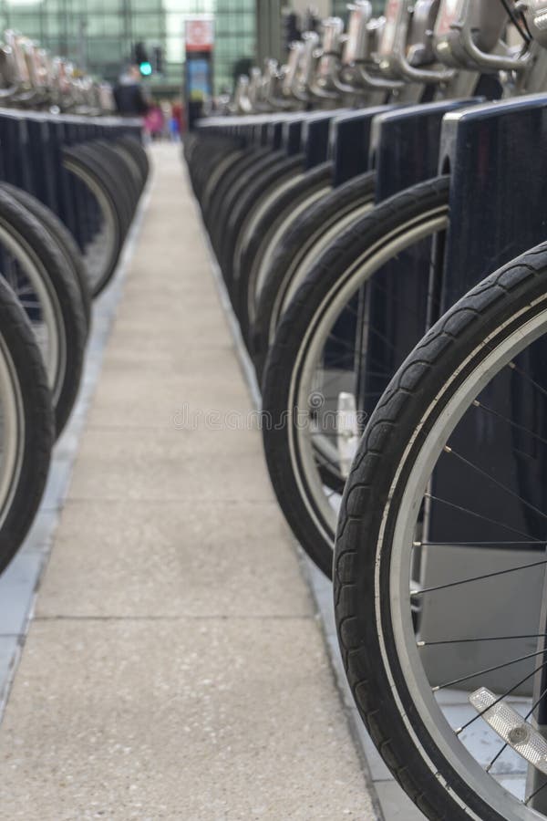 Several Bikes Parked in Rows for Rent Stock Image - Image of lock ...