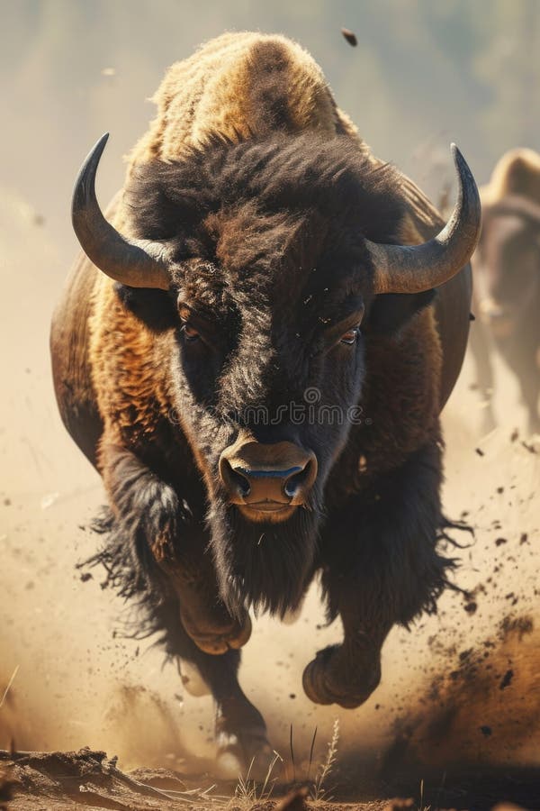 Several Bison Running on the Desert, Mist Stock Illustration ...