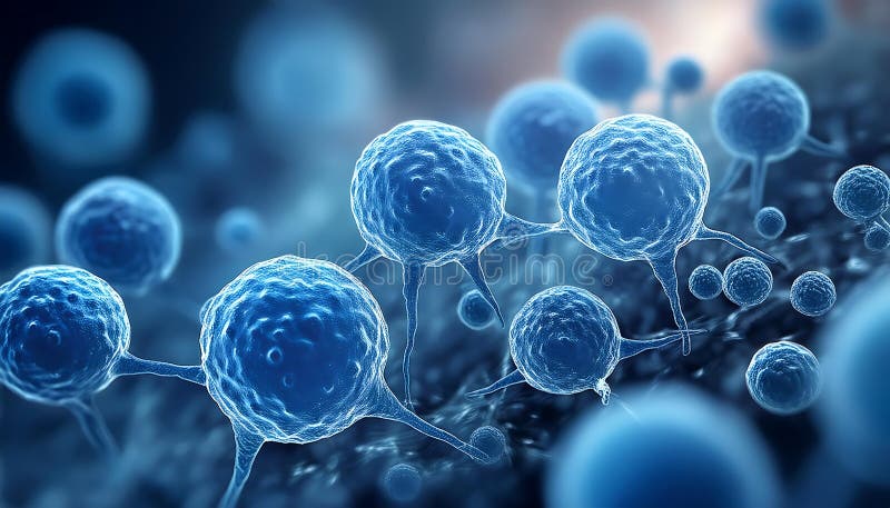 Several Blue Cells are Shown in a Microscopic View Background is Blurry ...