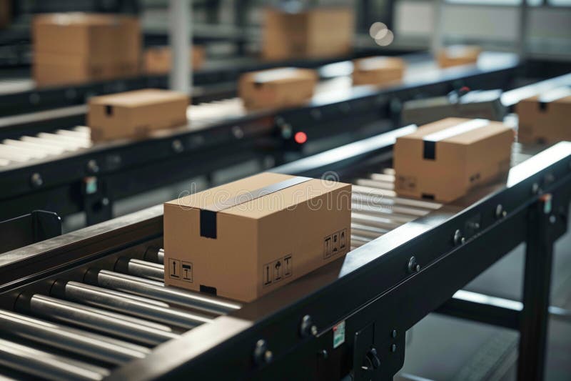 Several Boxes on Conveyor Belt Depict Efficient Logistics Operations ...