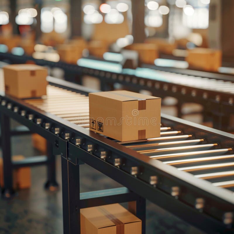 Several Boxes on Conveyor Belt Depict Efficient Logistics Operations ...