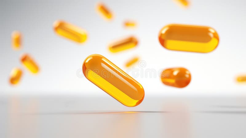 Bright Orange Capsules Floating Above a Clean Surface with a Soft ...