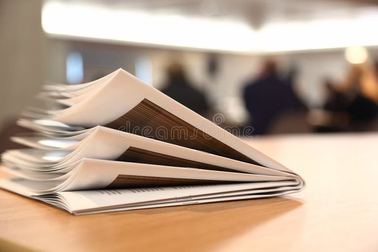 Several Brochures on Light Table in Room Stock Photo - Image of design ...