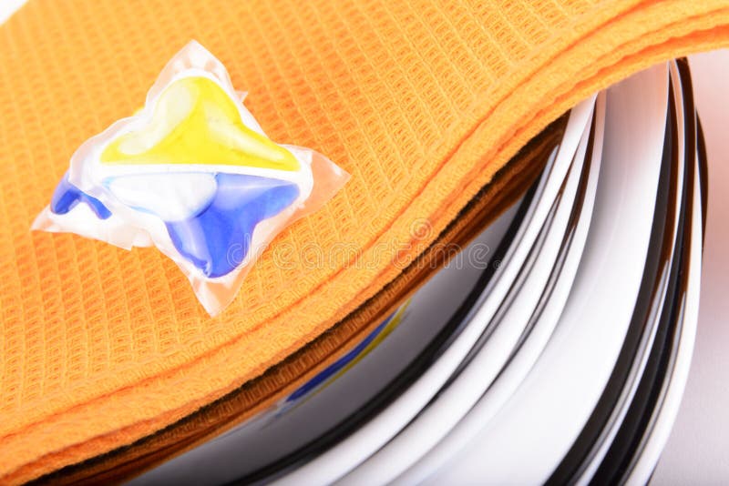 Several Capsules Dishwasher Soap with Dish Stock Image - Image of ...