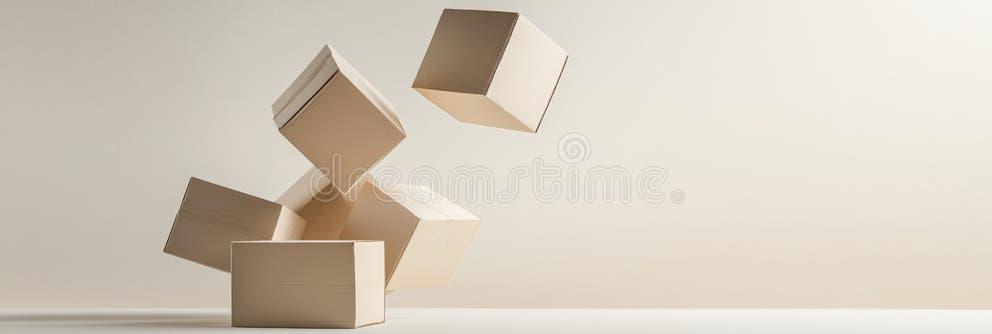 Several Cardboard Boxes are Defying Gravity, Floating and Rotating Mid ...