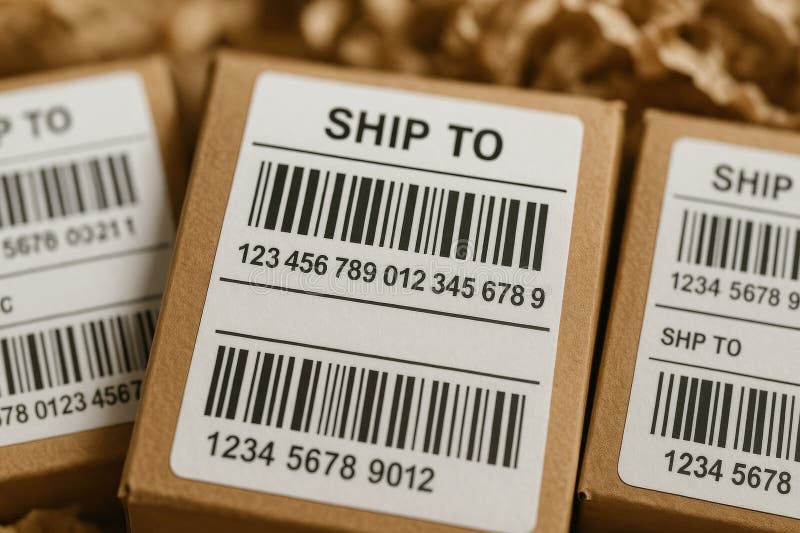 Shipping Labels on Cardboard Boxes with Barcodes and Tracking Numbers ...