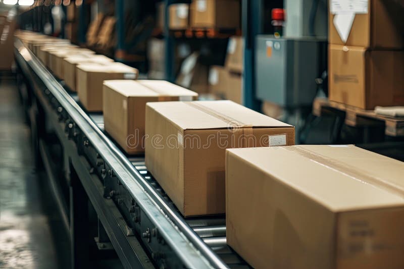 Several Cardboard Boxes Smoothly Glide Along a Conveyor Belt in a ...