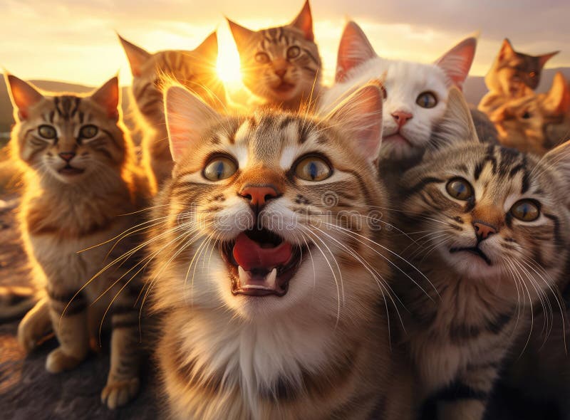 Several Cats Take a Group Selfie Stock Illustration - Illustration of ...
