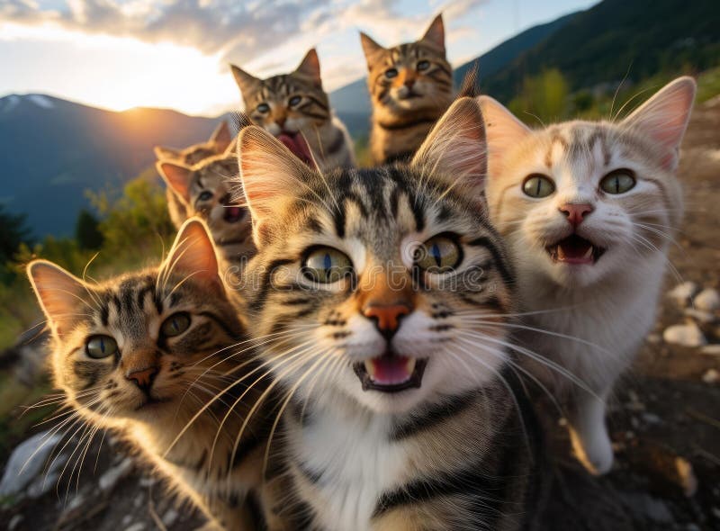 Several Cats Take a Group Selfie Stock Illustration - Illustration of ...