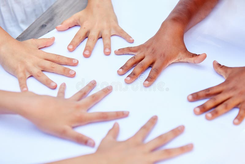 Several Children Lay Hands on the Table Stock Photo - Image of ...