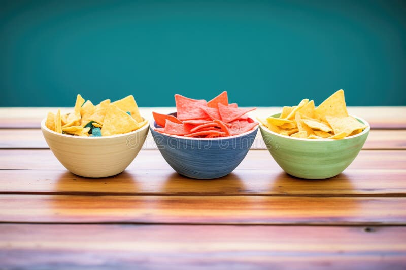 Several Chip Flavors in Different Colored Bowls Stock Illustration ...