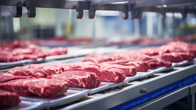 Several Chunks of Raw Meat Being Processed Packaged and Shipped. Stock ...