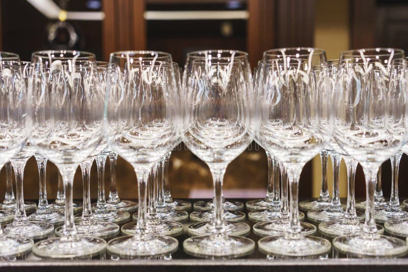 Several of Clean Wine Glasses Exposed Bartender on the Bar during the ...