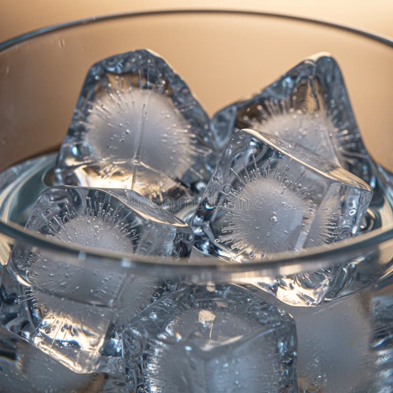 Several Clear Ice Cubes with Intricate Internal Patterns Float in a ...