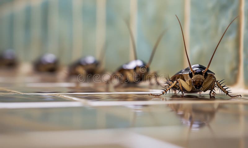Several Cockroaches Crawling in a Row on a Glossy Tiled Bathroom Floor ...