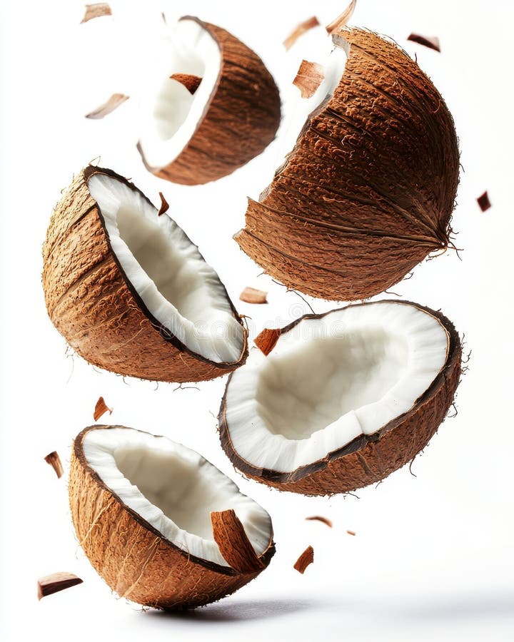 Falling Halves of Brown Coconuts on White Background Stock Illustration ...