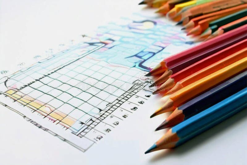 Several Colored Pencils Lie on the Table Next To Sheets of Paper ...