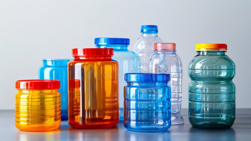 Several Colored Plastic Bottles on Table Stock Image - Image of ...