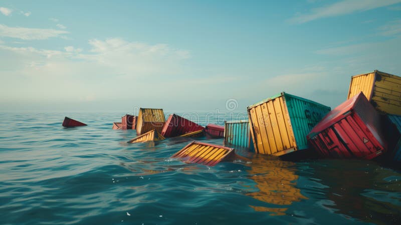 Several Colorful Containers Floating in the Ocean. the Concept of ...