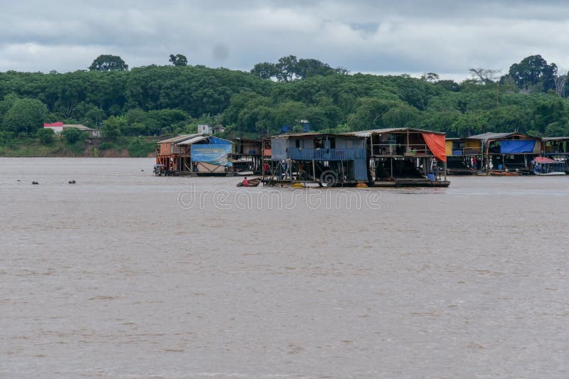 Several Colorful Floating River House on the Amazon River in Brazil ...