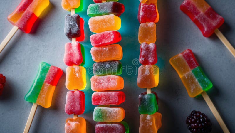 Several Colorful, Rectangular Jelly Candies on Wooden Sticks, Scattered ...