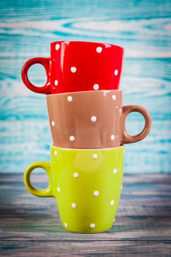 Several Colorful Tea Cups on Vintage Background Stock Photo - Image of ...