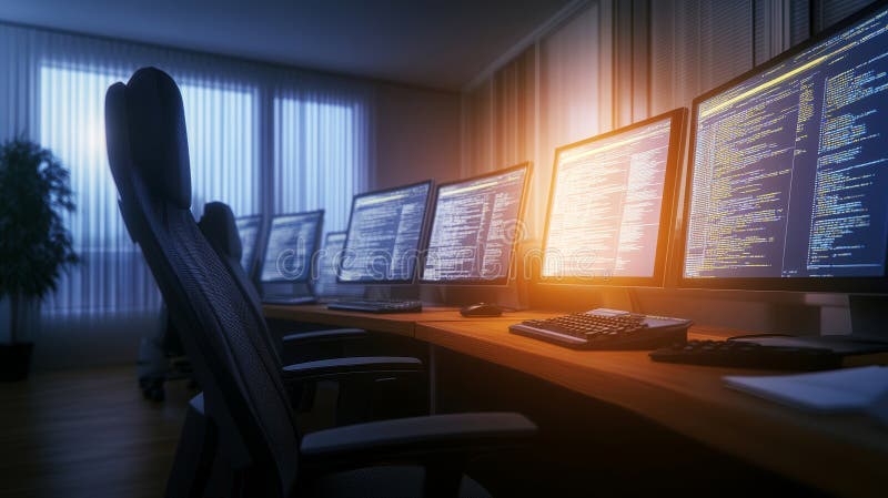 Several Computer Monitors Light Up a Dimly Lit Office, Showcasing ...