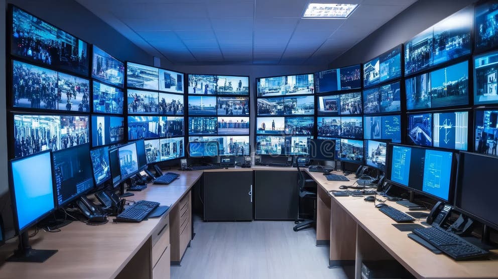 Several Computer Monitors Showing Different Camera Feeds in a Modern ...