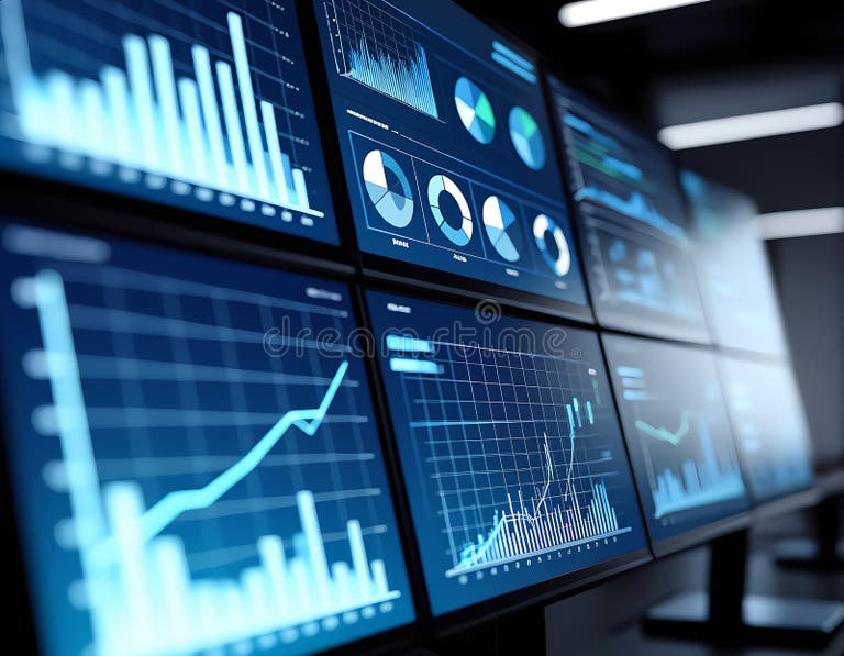 Several Computer Screens Display Blue Data Charts and Graphs for ...