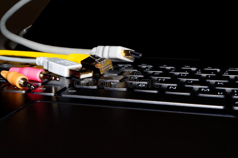 Several Connection Plugs on Black Computer Keyboard Stock Image - Image ...