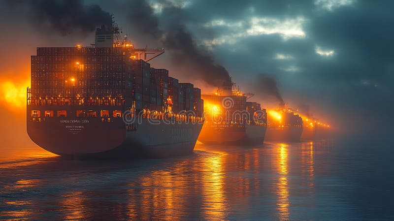 Container Ships Sailing through Foggy Waters at Night Glowing with Warm ...