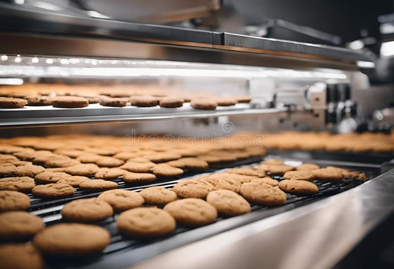 Several Cookies Cooling in a Bakery Oven As they Go through the Line ...