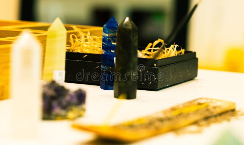 Crystal Stones Displayed on a Table in Front of a Box Stock Image ...