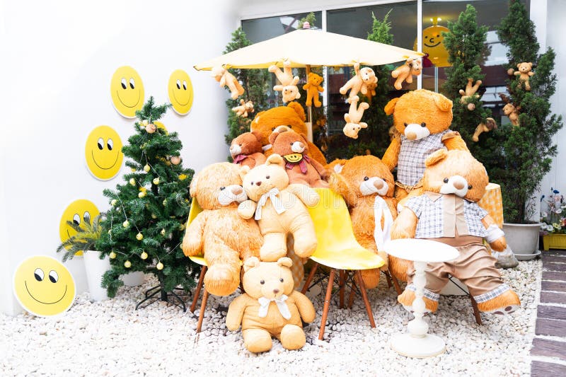 Several Cute Brown Teddy Bears Sat Lined Up on the Table Stock Photo ...