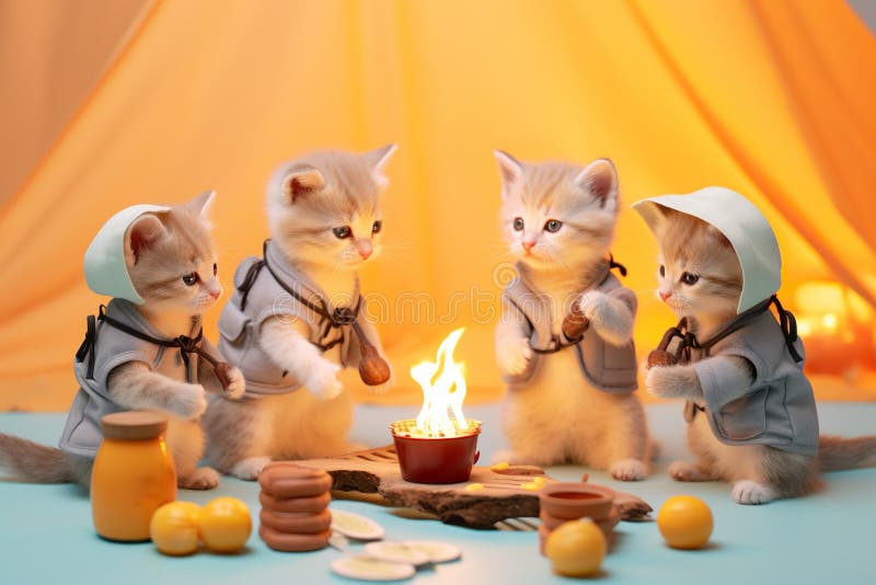 Several Cute Happy Baby Cats Dressed As Boy Scouts Sit by the Fire ...